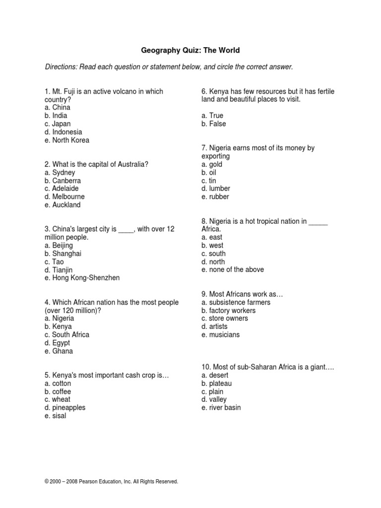 Geography Quiz: The World: Directions: Read Each Question or Statement ...
