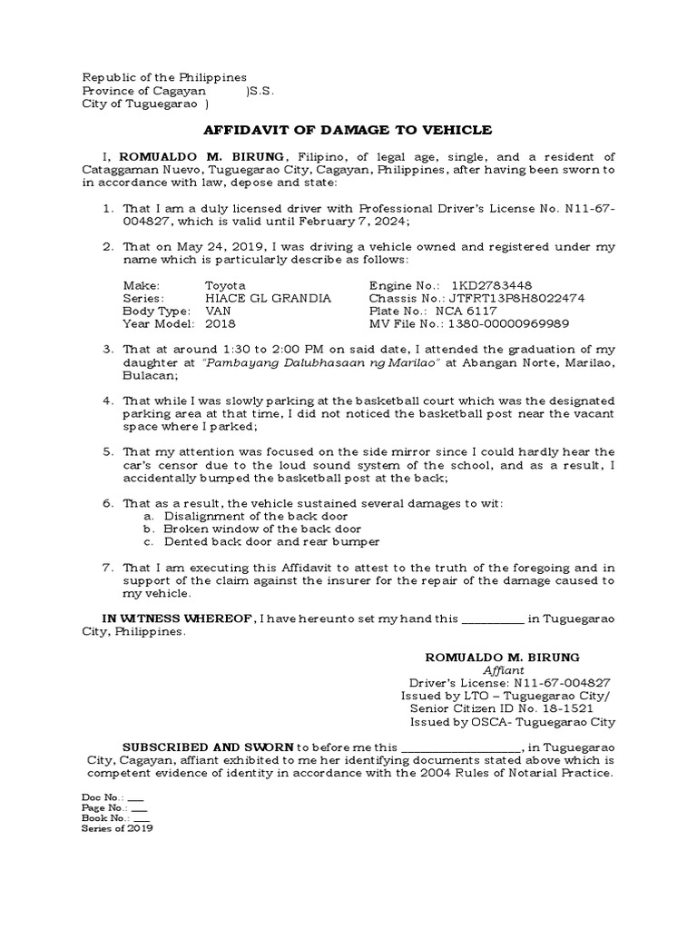 Affidavit of Vehicle Damage 2 | PDF | Affidavit | Wheeled Vehicles