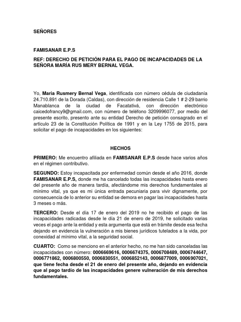 Derecho de Peticion PARA PAGO DE INCAPACIDADES | PDF | Virtud | Esfera ... Derecho de Peticion PARA PAGO DE INCAPACIDADES | PDF | Virtud | Esfera ...