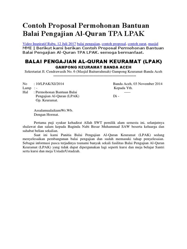 Contoh Proposal Permohonan Bantuan Balai Pengajian Al | PDF