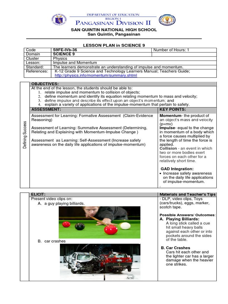 Grade 9 Lesson Plan: Impulse & Momentum | PDF | Momentum | Collision
