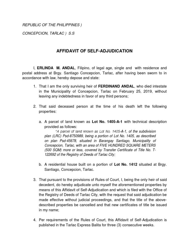 Affidavit of Self-Adjudication: Republic of The Philippines) Concepcion ...