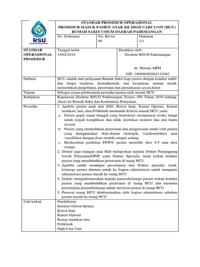 SPO Pasien Anak Masuk HCU | PDF