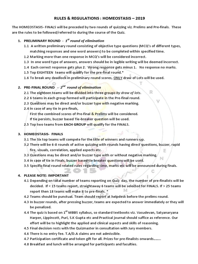 Rules & Regulations: Homeostasis - 2019: 1. Preliminary Round - 1 | PDF | Multiple Choice | Leisure