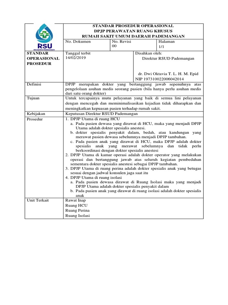 SPO DPJP Perawatan Ruang Khusus | PDF