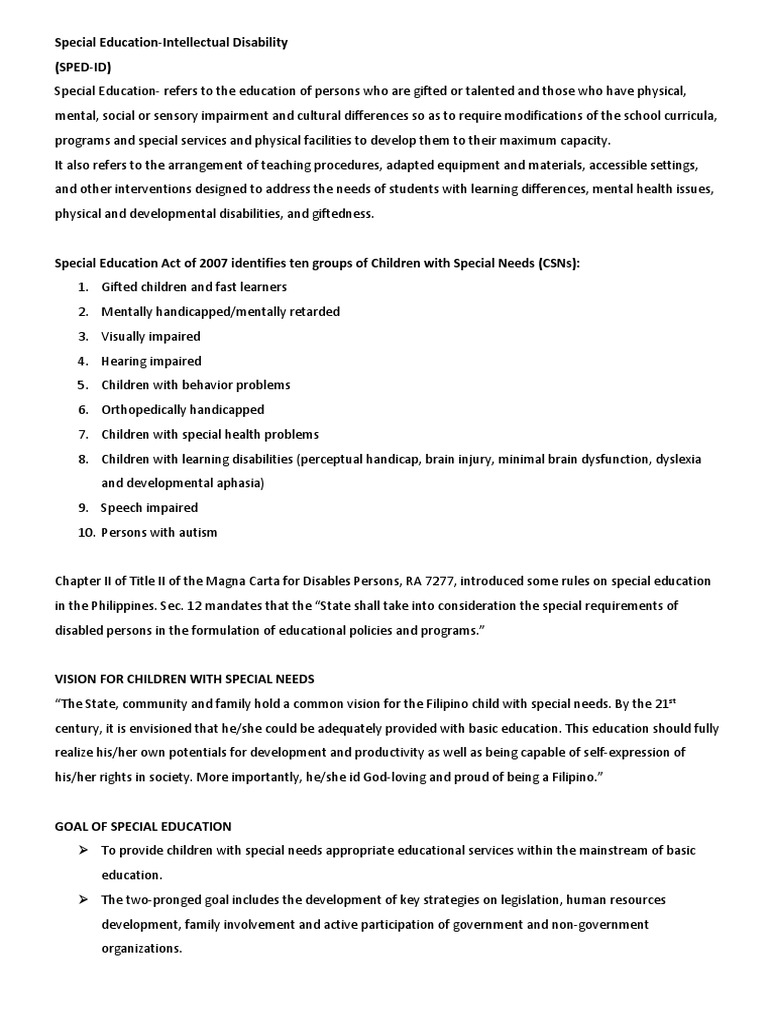 Special Education-Intellectual Disability (SPED-ID) | PDF | Special Education | Intellectual ...