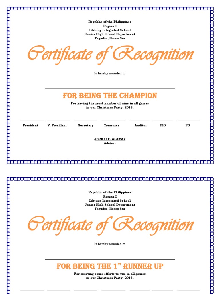 Certificate of Recognition: For Being The CHAMPION | PDF