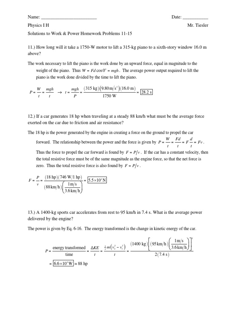 Solutions To Physics I H Work Power HW Problems 11-15 | PDF | Kilowatt ...