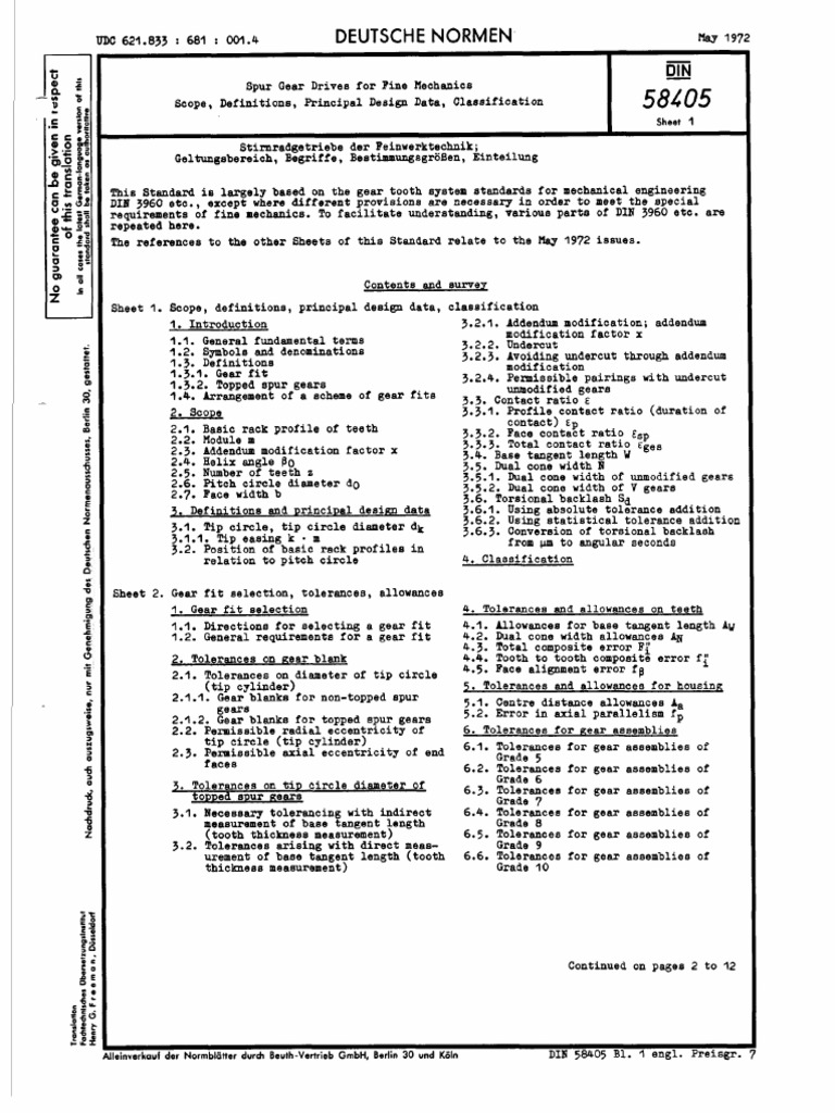 DIN 58405-1-1972 | Gear | Dimension
