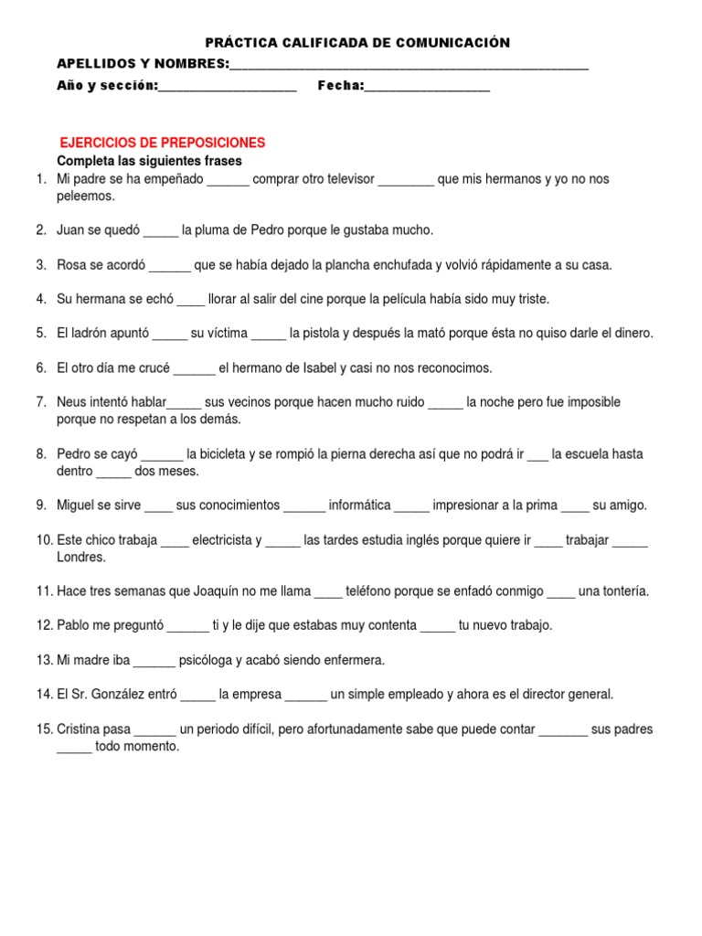 Ejercicios Preposiciones | PDF | Ocio