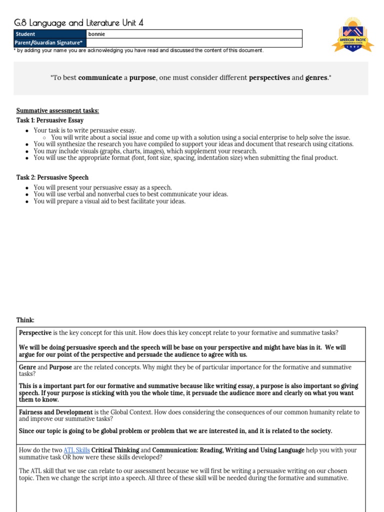 Bonnie g8 Unit 4 L L Summative Contract | PDF | Essays | Nonverbal ...