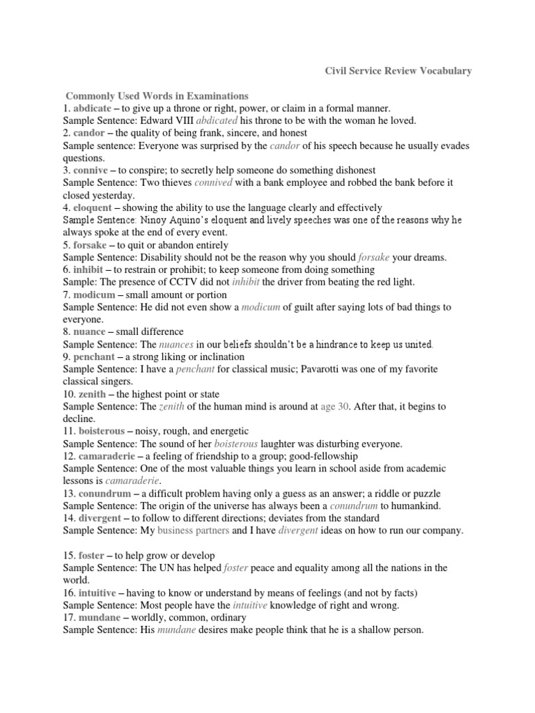 Key Vocabulary for Civil Service Exams | PDF