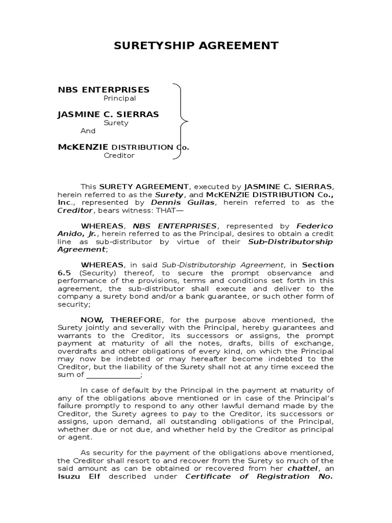 Suretyship Agreement: Nbs Enterprises Jasmine C. Sierras | PDF ...