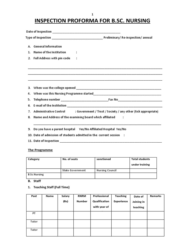 B.Sc Nursing Inspection Proforma | PDF | Hospital | Teachers