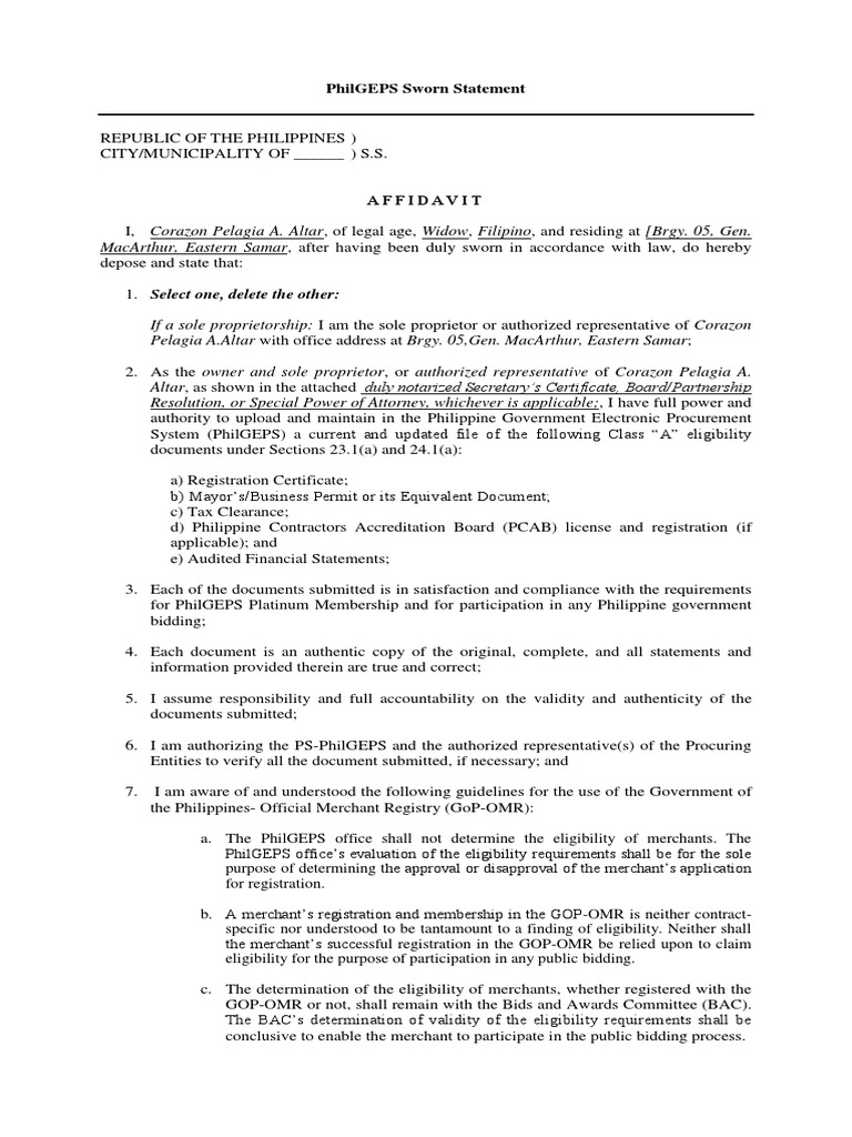 Affidavit for PhilGEPS Registration: Sole Proprietorship Details and ...