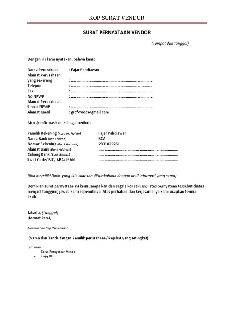 Surat Pernyataan Vendor Perusahaan | PDF