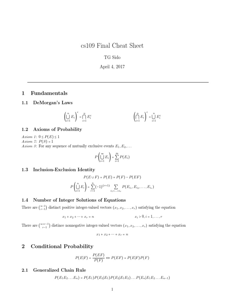 A Comprehensive Cheat Sheet for CS109: Fundamentals of Probability and Statistics | PDF | Bias ...
