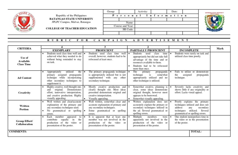 Rubric For Purposive Communication Pdf Rubric Academic Semiotics