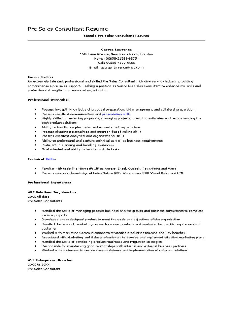 Sample Pre Sales Consultant Resume | PDF | Consultant | Sales