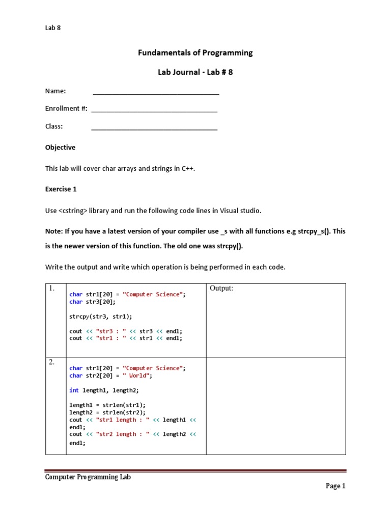 Fundamentals of Programming Lab Journal - Lab # 8: Objective | PDF | String (Computer Science ...