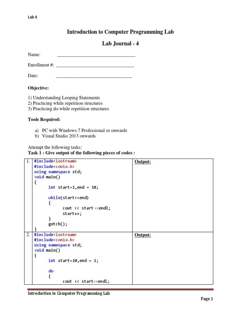 Introduction To Computer Programming Lab Lab Journal - 4: Objective ...