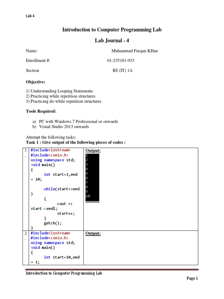 Introduction To Computer Programming Lab Lab Journal - 4: Objective ...