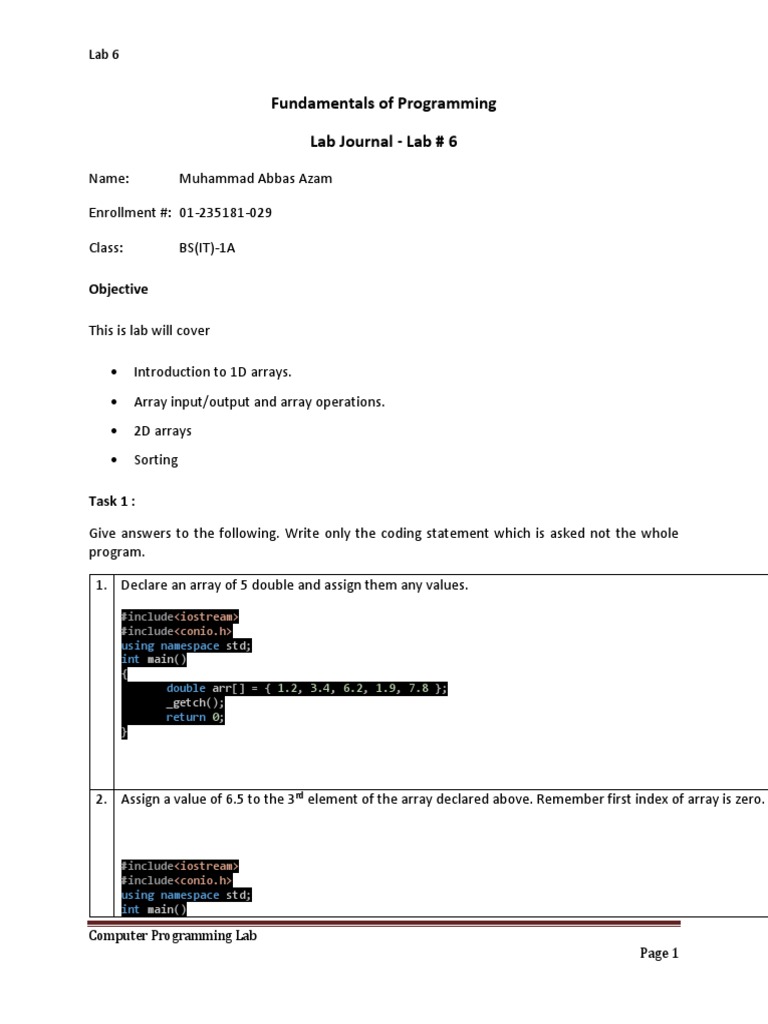 Fundamentals of Programming Lab Journal - Lab # 6: Objective | PDF | Array Data Structure ...