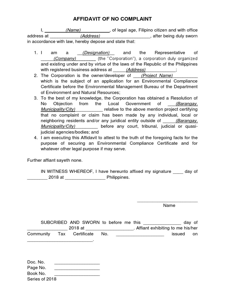 Affidavit of No Complaint: Municipality/City) - Relative To The Above ...