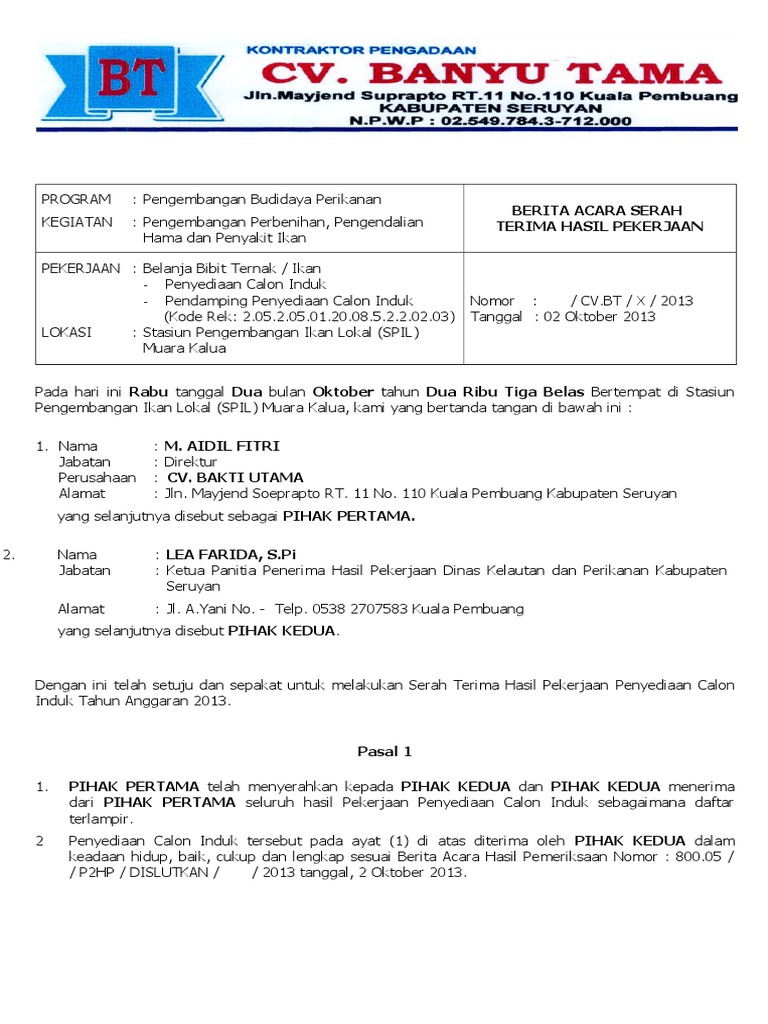 Berita Acara Serah Terima Calon Induk | PDF | Teknologi & Rekayasa