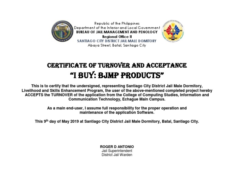 "I Buy: BJMP Products": Certificate of Turnover and Acceptance | PDF