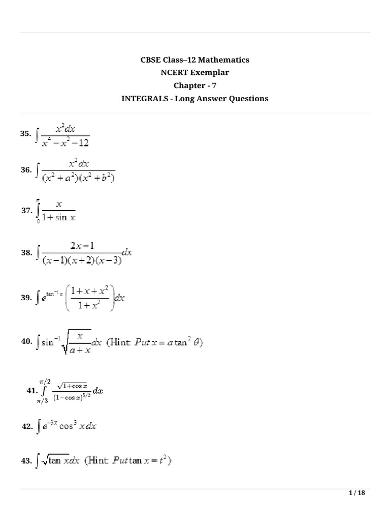 CBSE Class-12 Mathematics NCERT Exemplar Chapter - 7 INTEGRALS - Long ...