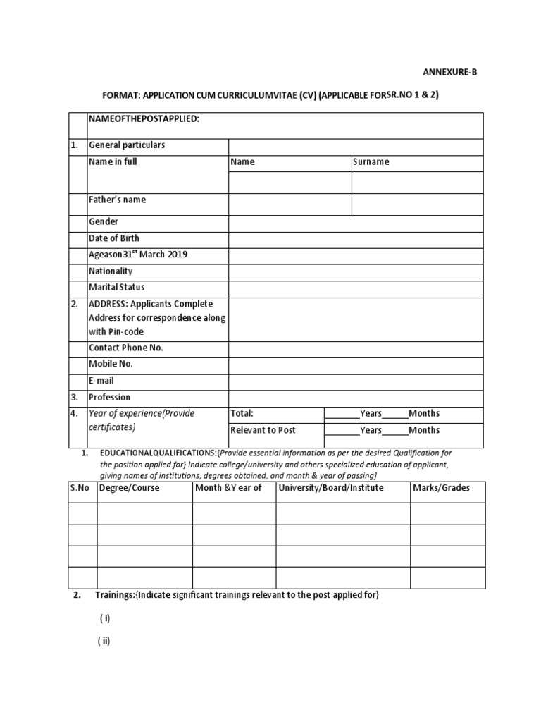 Annexure-B Format: Application Cum Curriculumvitae (CV) (Applicable ...