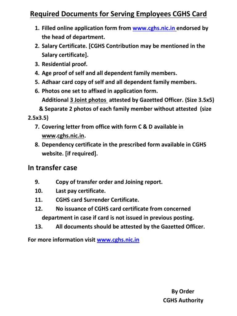 Required Documents For Serving Employees CGHS Card: WWW - Cghs.nic - in ...