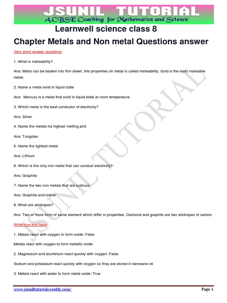Metals Question and Answers Class 8 | PDF | Nitric Acid | Metals