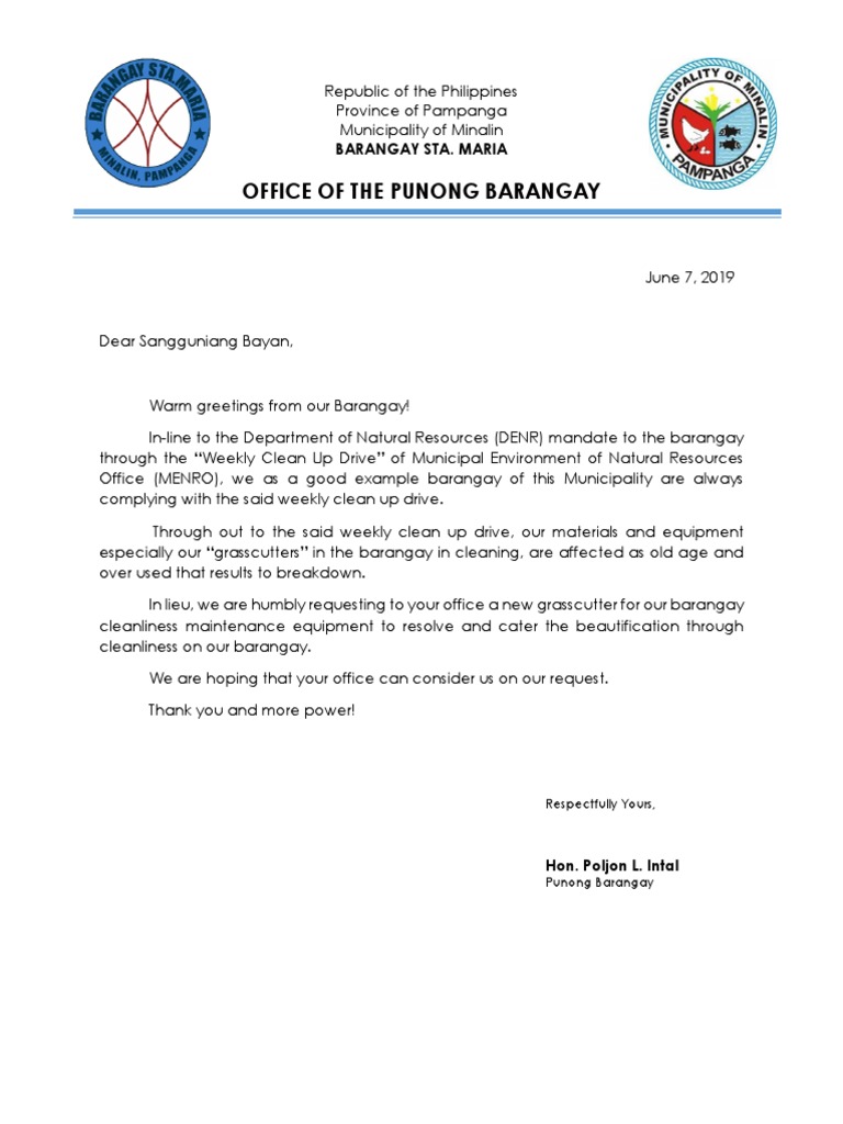 Barangay Clean Up Drive Equipment Request | PDF