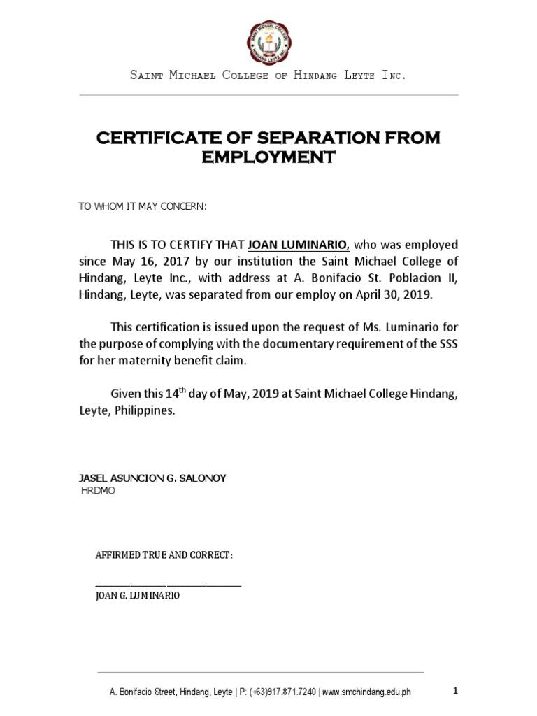 Certificate of Separation From Employment - SSS | PDF