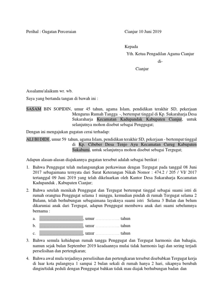 Contoh Surat Gugat Cerai | PDF