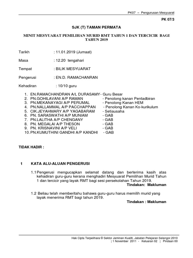 Mesyuarat Pemilihan Murid RMT Tercicir | PDF