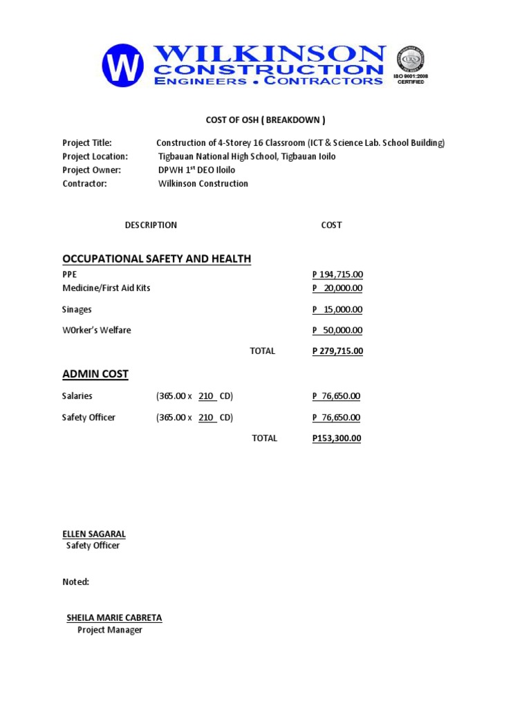 Occupational Safety and Health: Cost of Osh (Breakdown) | PDF