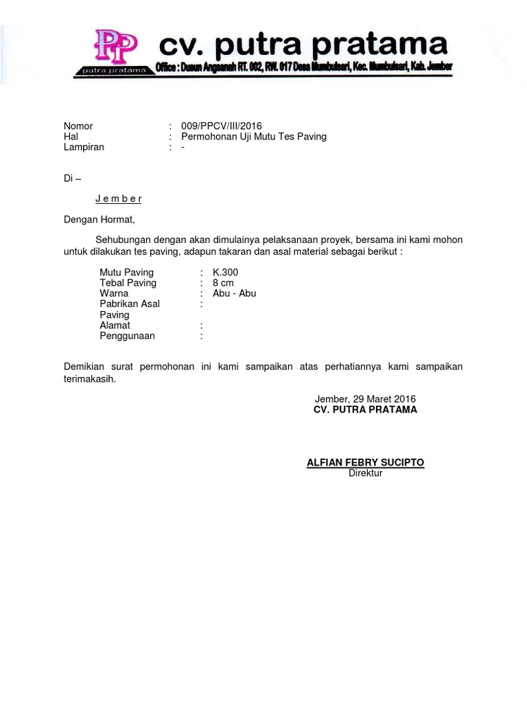 Surat Permohonan Tes Paving - PutraPratama1 | PDF