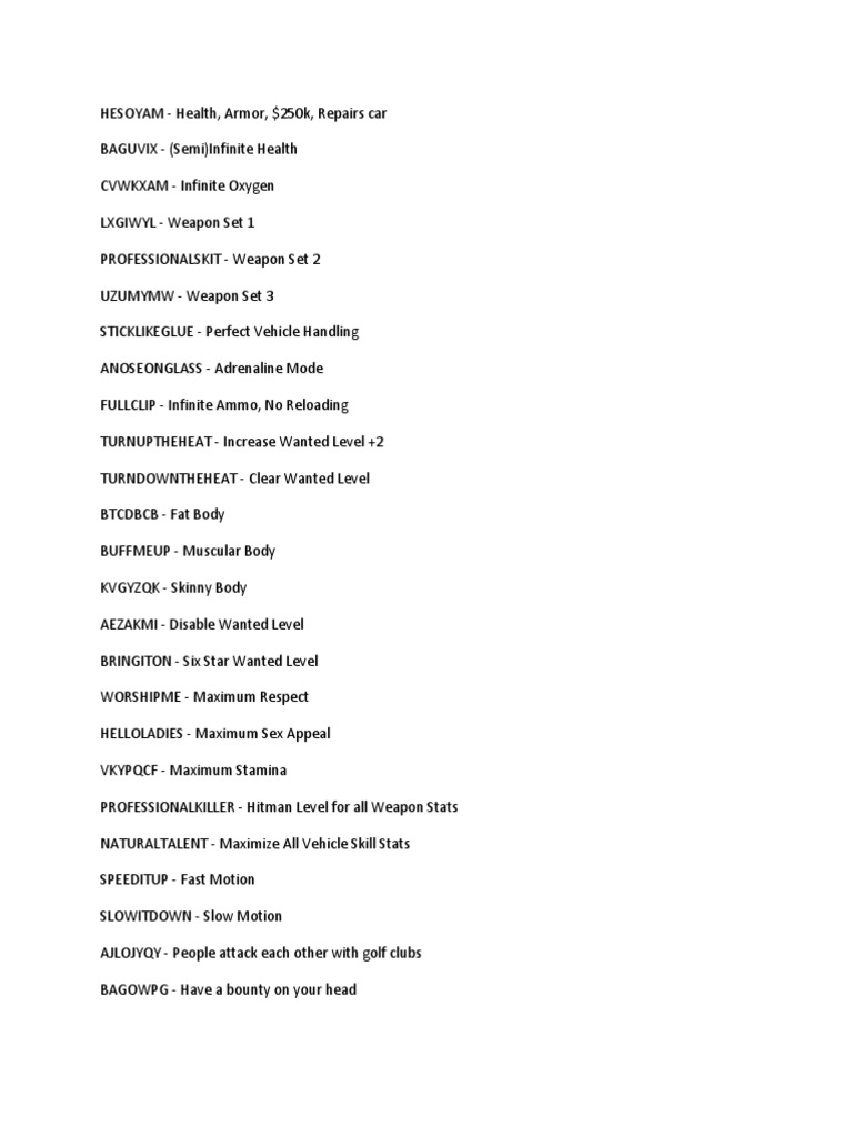 GTA San Andreas Cheat Codes Guide | PDF | Car | Vehicles