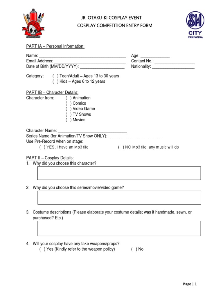 Jr. Otaku-Ki Cosplay Event Cosplay Competition Entry Form | PDF ...