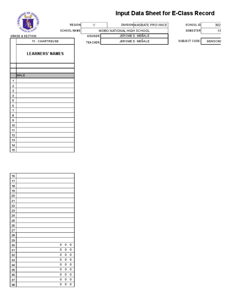 Input Data Sheet For E-Class Record: Learners' Names | PDF | Learning | Cognition