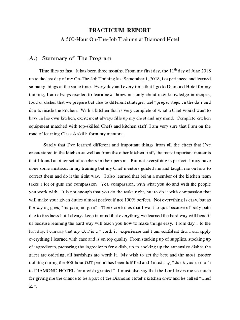 Practicum Report OFFICIAL | PDF | Chef | Mentorship