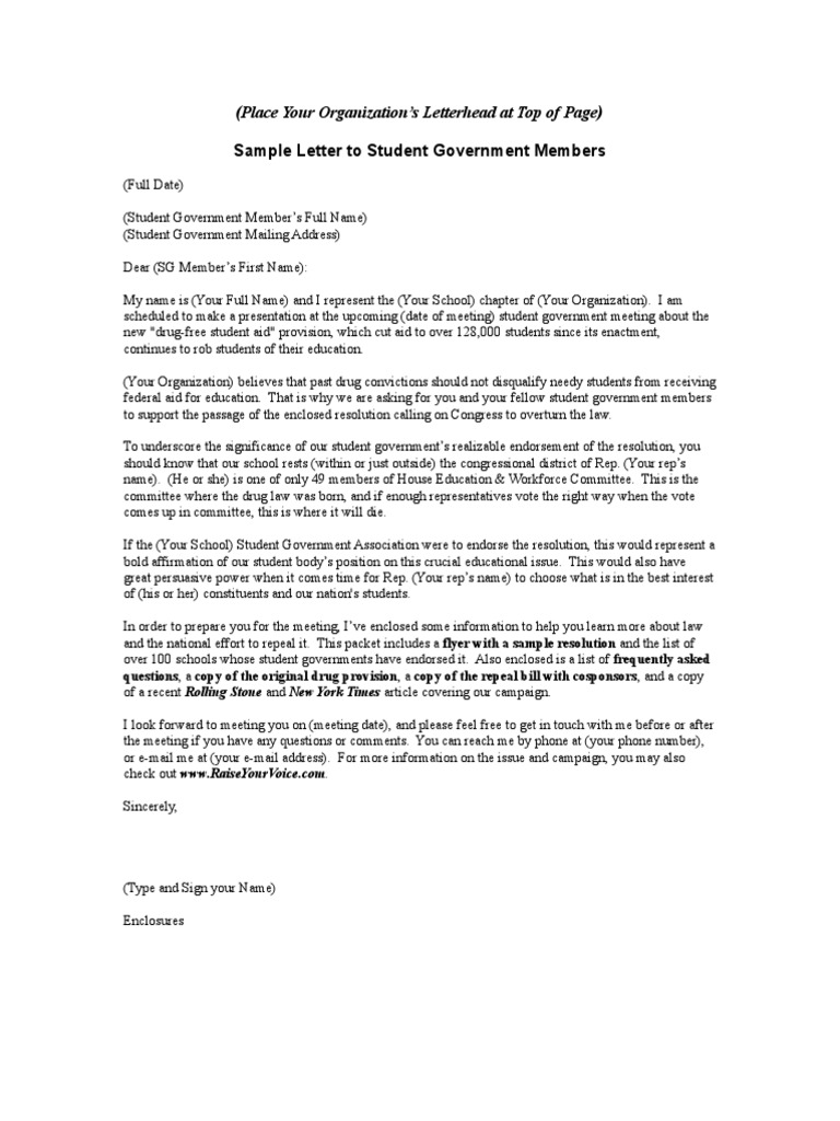 Sample Letter To Student Government Members: (Place Your Organization's ...
