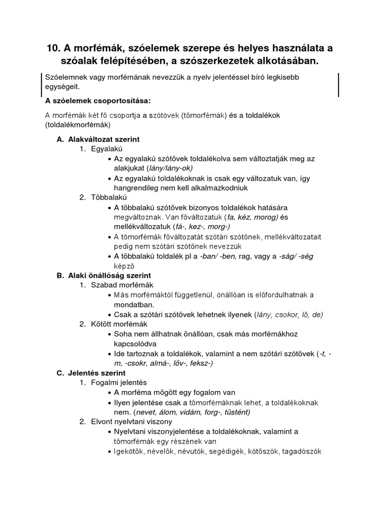 A Morfémák, Szóelemek Szerepe És Helyes Használata A Szóalak Felépítésében, A Szószerkezetek ...