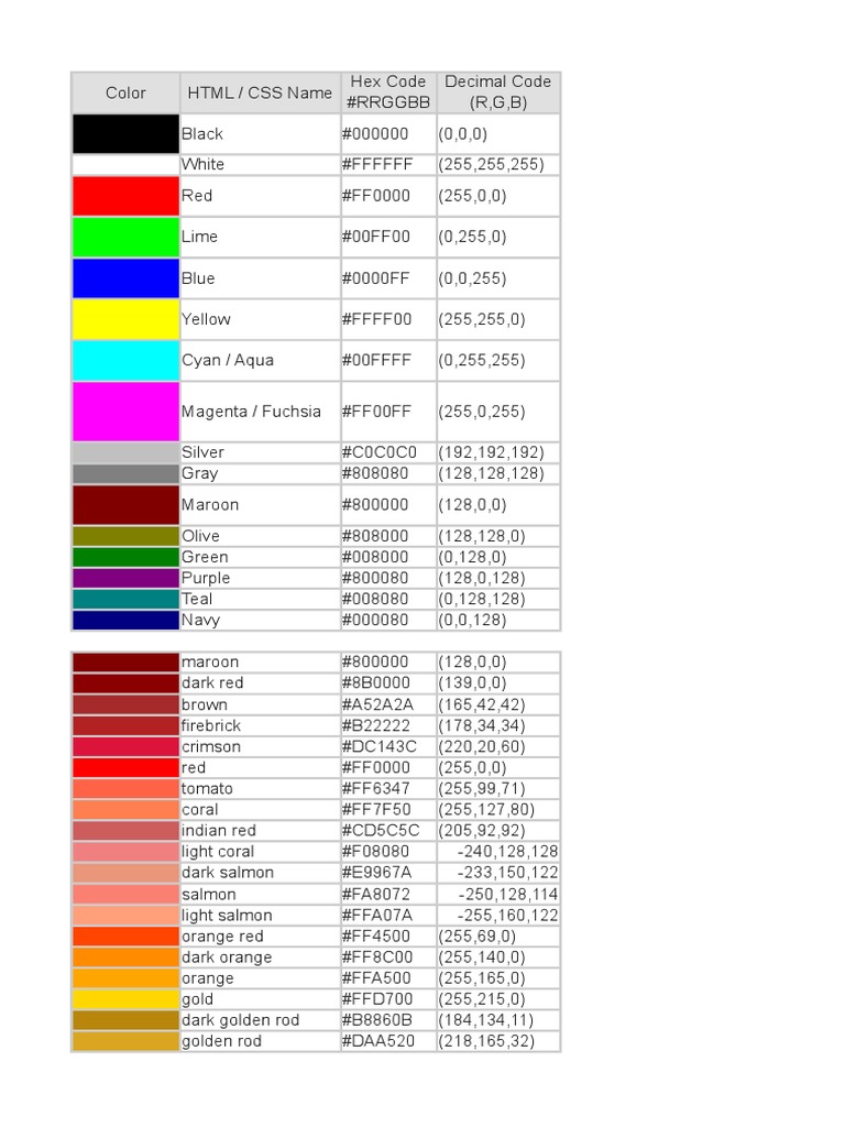 Color RGB Hex Codes | PDF | Light | Color