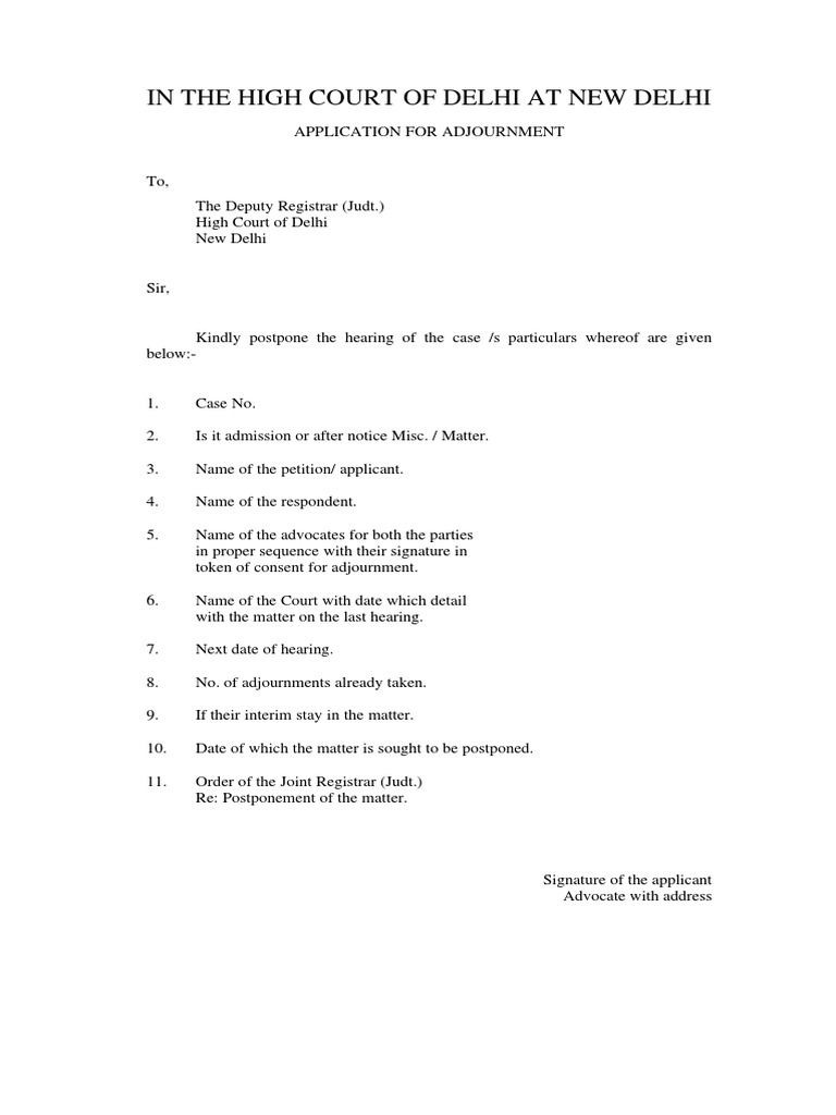 Adjournment Application Format for Court | PDF