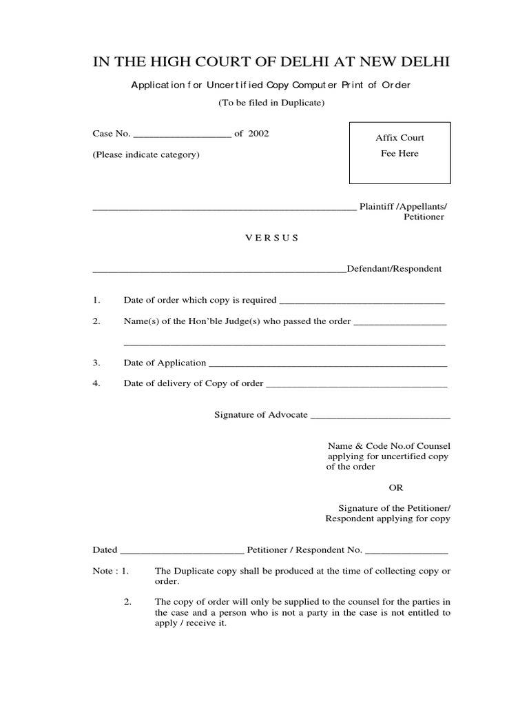 Application For Uncertified Copy - Delhi High Court | PDF