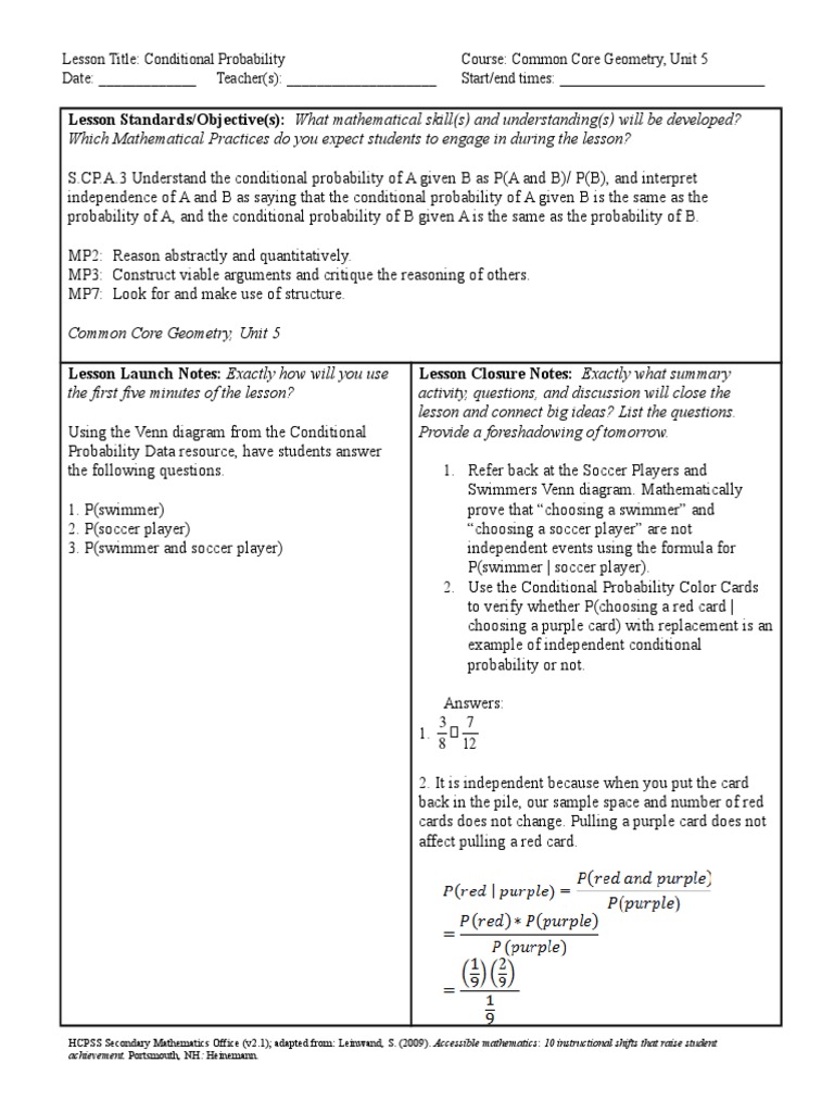 S CP A 3 Lesson Conditional Probability | PDF | Common Core State ...